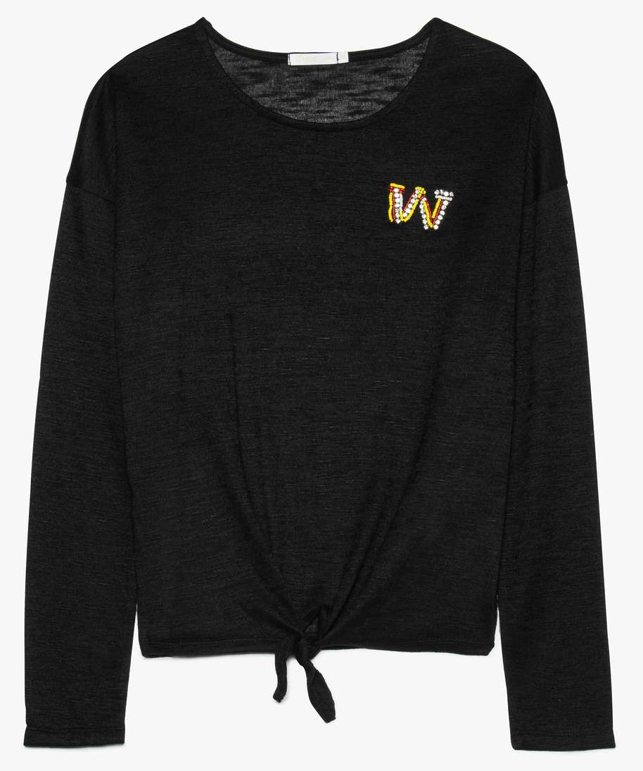 pull fille en maille fine fluide noue devant avec motif noir pulls ...