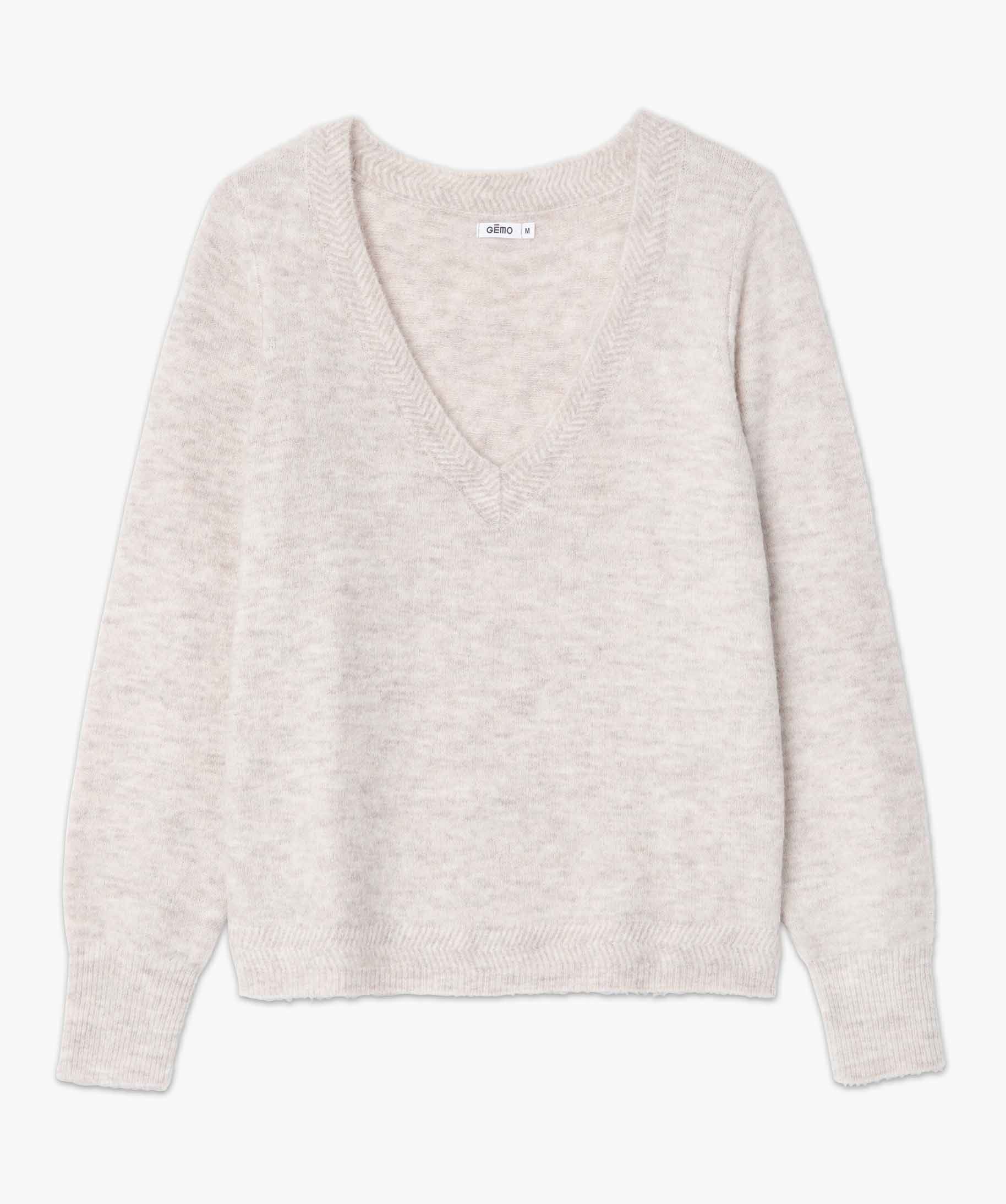 pull femme a grand col v fantaisie beige pulls femme | GÉMO